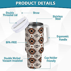 FLildon 40oz Tumbler with Handle and Straw Lid, Western Aztec Insulated Coffee Mug Stainless Steel Water Bottle Leakproof Vacuum Travel Coffee Cup