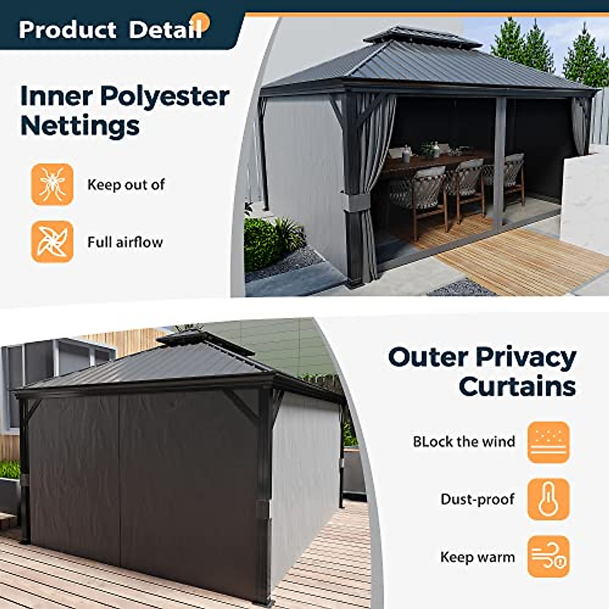 HAPPATIO 12' x 16' Hardtop Gazebo, Outdoor Aluminum Gazebo with Galvanized Steel，Double Roof Permanent Patio Metal Gazebo Canopy with Netting and Curtains for Garden, Patio, Lawns, Parties (Gray)