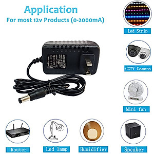 12 Volt 2A Power Adapter Supply, AC 100-240V to DC 12 V Power Supply Transformer Charger Wall Plug for DC12V Light Security CCTV Camera, Black, 8x5x3.3 cm