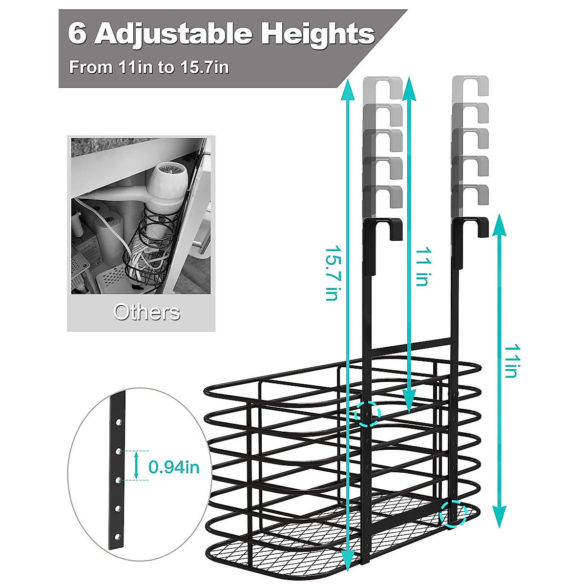 ULG Hair Dryer Holder, Hair Tool Organizer, 6 Adjustable Height, Wall Mounted/Cabinet Door, Bathroom Organizer Under Sink for Hair Dryer, Flat Irons, Curling Wands, Hair Straighteners, 3 Sections