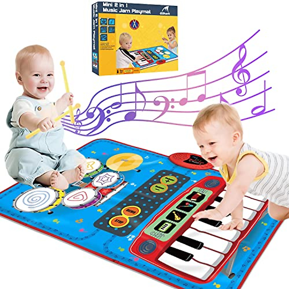 QShark 2 in 1 Music Learning Toys for Baby Toddler 1 2 3 Years Old Boys Girls | 13 Keys Piano Keyboard & 5 Drum Kits | Built-in Demo, 4 Instrument Sounds, Volume Control, Birthday Gift for 1+ Boy Girl