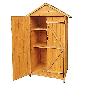 Livavege Outdoor Storage Cabinet with Workstation - Wooden Garden Shed with 3 Shelves and Lockable Door, Outside Waterproof Tool Storage Shed for Patio Furniture, Backyard, Lawn, Meadow, Farmland