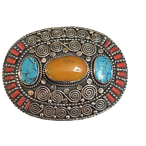Oval Design Belt Buckle Inlaid Amber Turquoise & Coral Stones Tibetan Silver