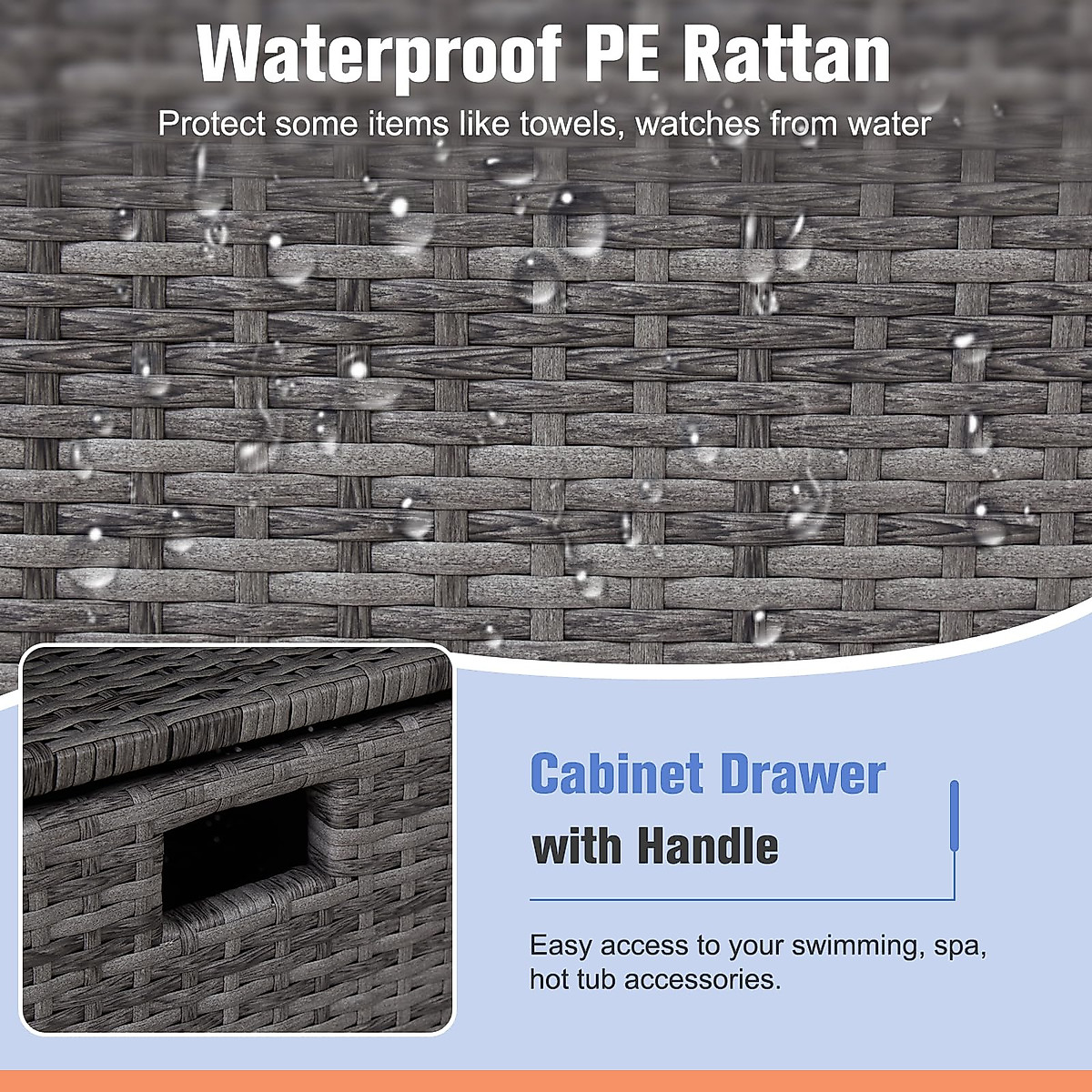 Kinpaw Pool Towel Rack Outdoor Storage Cabinet - 49” High Pool Towel Rack with with Storage Shelves & Drawer & Caters, Patio Wicker Towel Holder for Pool Area Outside, Hot Tub, Spa, Gray