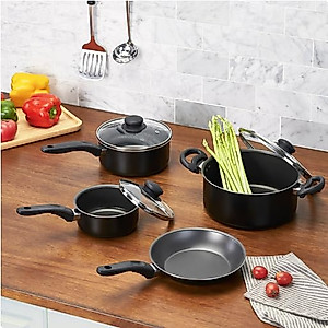 Deahun Mainstays 7 Piece Non-Stick Cookware Set Aluminium Mint, Dishwasher Safe (Black)