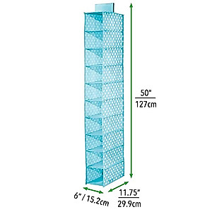 mDesign Soft Fabric Over Closet Rod Hanging Storage Organizer with 10 Shelves for Child/Kids Room or Nursery - Polka Dot Print - 2 Pack - Turquoise Blue with White Dots