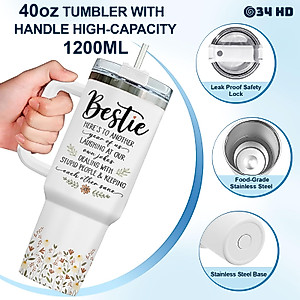 34HD 40oz Bestie Tumbler with Handle and Straw, Vacuum Insulated Friend Coffee Mug with Quote, Anniversary, Birthday Gifts for Best Friend, Coworkers, Sisters, Women