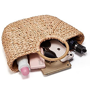 Womens Large Straw Bags Beach Tote Bag Hobo Summer Handwoven Bags Purse With Pom Poms (C-Khaki)