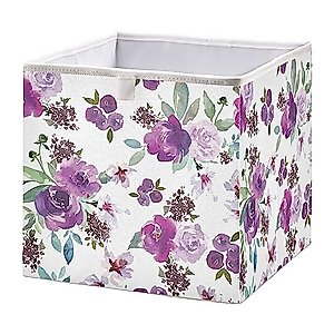 Kigai Purple Flowers Cube Storage Bins - 11x11x11 In Large Foldable Storage Basket Fabric Storage Baskes Organizer for Toys, Books, Shelves, Closet, Home Decor