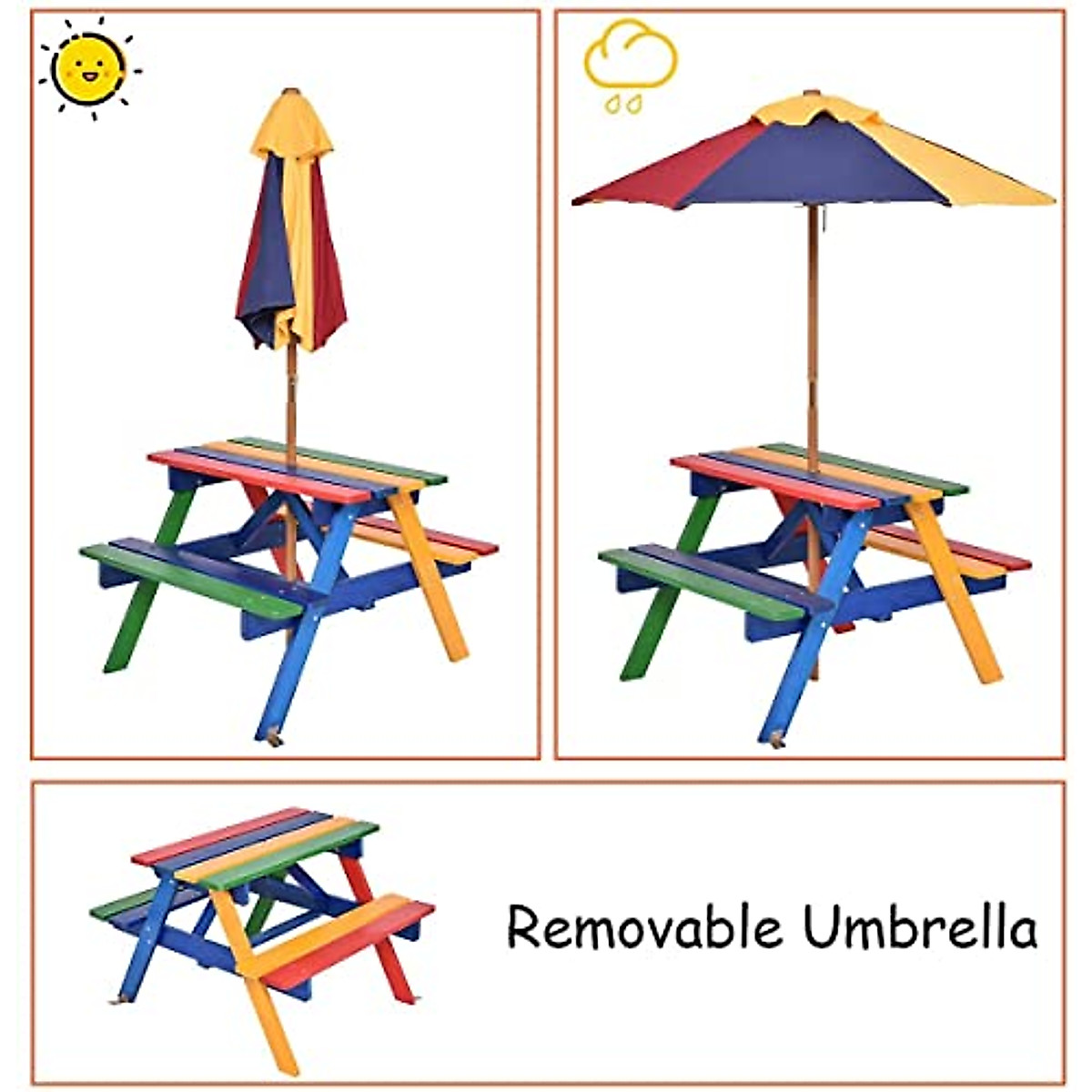 Costzon Kids Picnic Table, Wooden Table & Bench Set with Removable & Foldable Umbrella, Toddler Patio Set for Backyard, Garden, Children Girls & Boys Gift, Kids Table and Chair Set for Outdoors