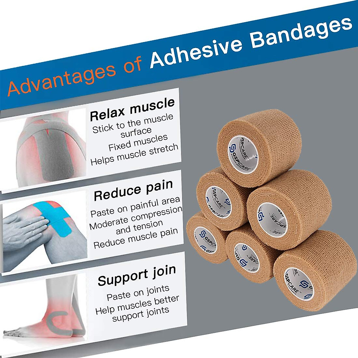 Self Adherent Cohesive Bandages Wrap 6 Count 2" x 5 Yards, Medical Tape, Adhesive Flexible Breathable First Aid Non Woven Rolls, Stretch Athletic, Ankle Sprains & Swelling, Sports