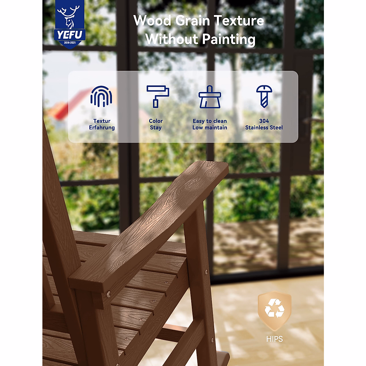 YEFU Outdoor Rocking Chair Oversized,Seat Depth 22",Backrest Height 31",Patio Poly Wide Rocker Chair with 380lbs Weight Capacity,Weather Resistant,for Lawn,Porch,Backyard,Indoor and Garden(Teak)