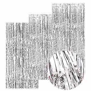 3Packs 3.2ft x 8.2ft Silver Foil Fringe Curtain, Silver Streamer Backdrop, Silver Tinsel Curtains for Bachelorette Engagement Bridal Shower Wedding Birthday Party Decorations