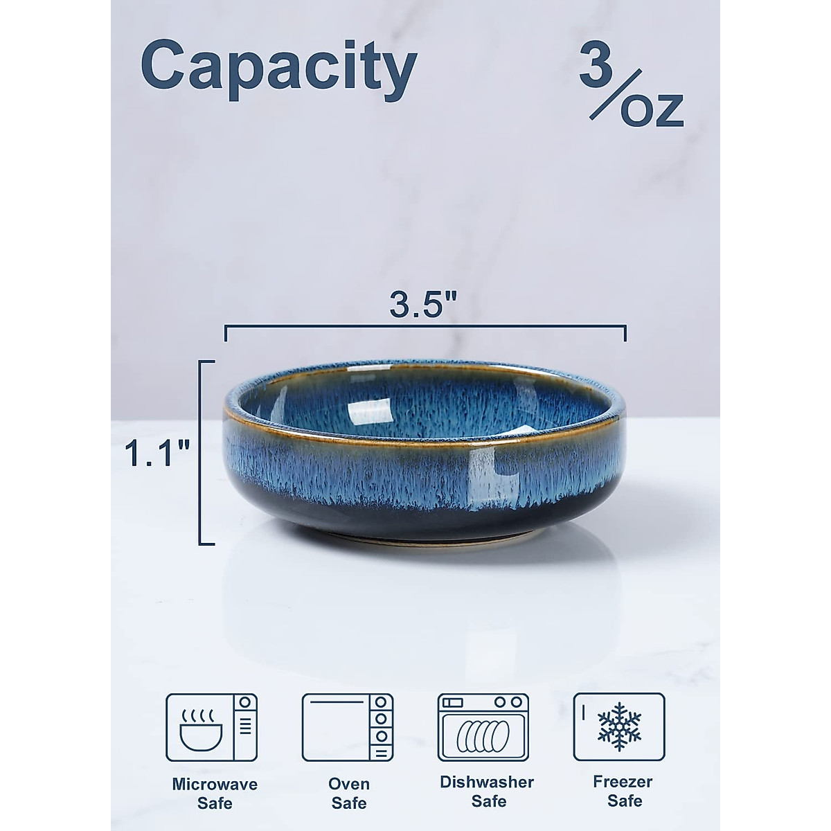 Tacuhy 3 Oz Ceramic Soy Sauce Dish Small Pinch Seasoning Sushi Dip Bowl 3.5 Inch Mini Side Dishes Tomato Sauce Cups Condiment Dipping Bowls, Set of 4, Blue