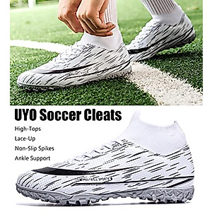 Soccer Shoes for Men High-Top Lace-Up Non-Slip Spikes Indoor Turf Futsal Football Cleats White EU 44 US 10.5
