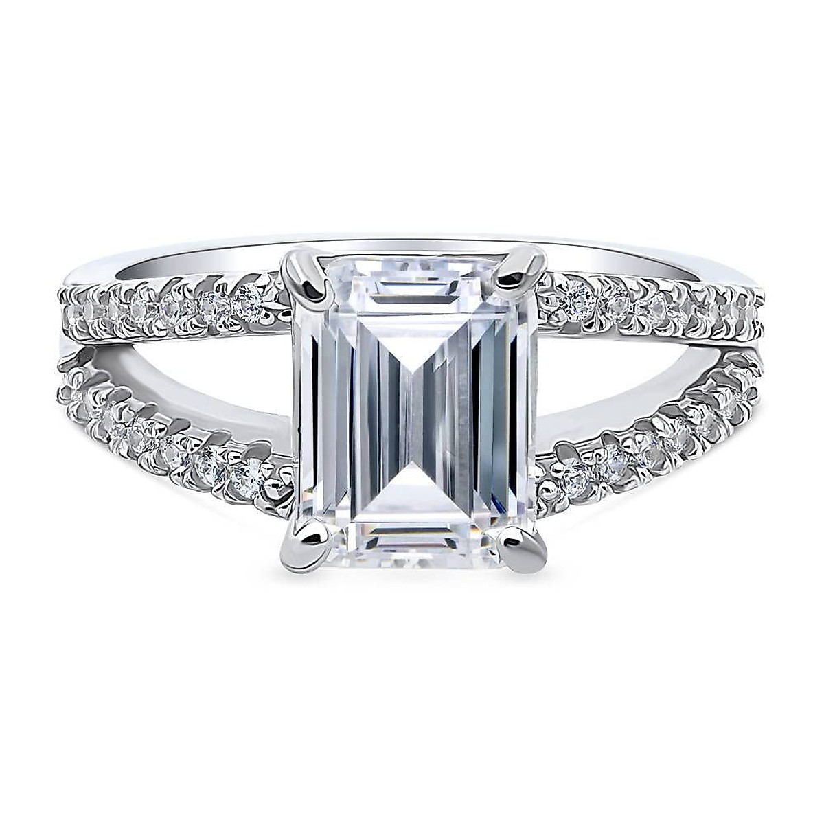 BERRICLE Sterling Silver Solitaire Wedding Engagement Rings 2.6 Carat Emerald Cut Cubic Zirconia CZ Cocktail Promise Split Shank Ring for Women, Rhodium Plated Size 7