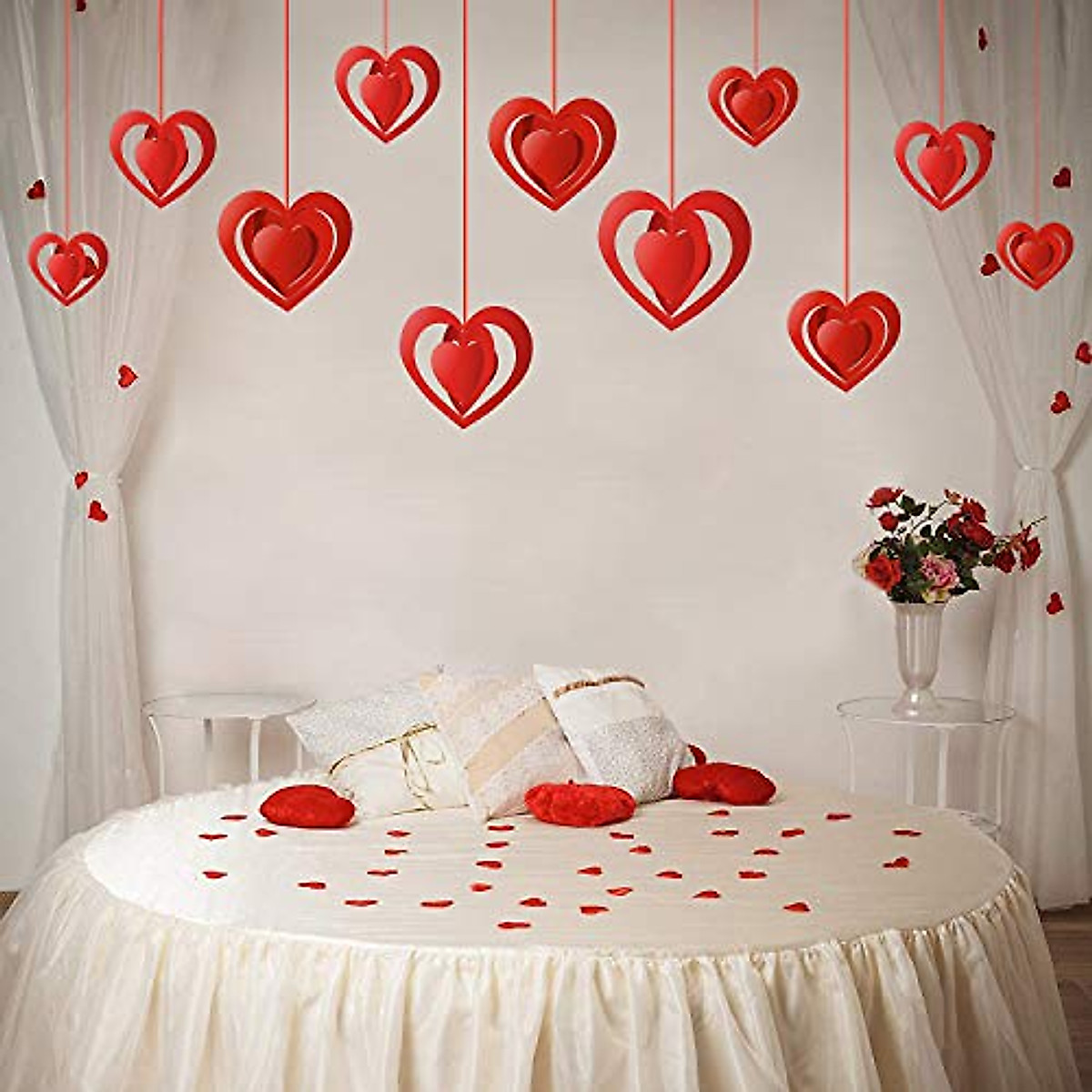PTFNY 15 Pieces Valentine's Day 3D Heart Hanging Decorations Red Hearts Hanging Ornaments with Red Ribbons Party Supplies for Indoor Outdoor Bridal Shower Anniversary Wedding Party Decorations