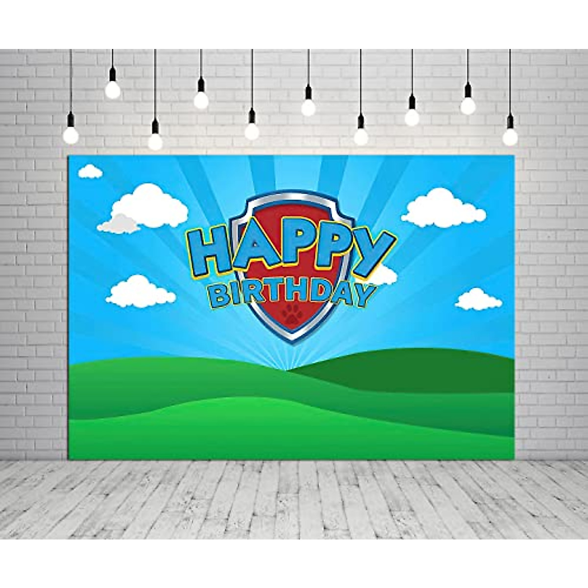 7x5ft Puppy Dog Happy Birthday Photography Backdrops Shield Blue Sky Boys Birthday Party Table Banner Background for 1st