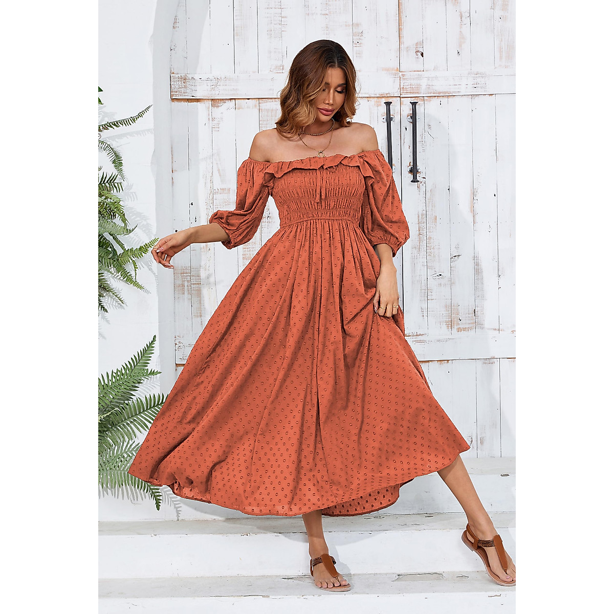 R.Vivimos Women Summer Half Sleeve Cotton Ruffled Vintage Elegant Backless A Line Flowy Long Dresses (Medium, Orange#1)