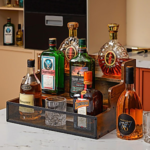 3 Step Countertop Liquor Bottle Display Shelf, Wood Bar Shelves 12 Bottles with Fences, Freestanding Storage Shelves for Liquor Whiskey Wine Coffee Syrup Display, Retro Wine Rack Home (Patent Pending)