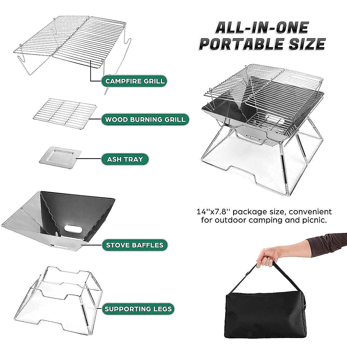 Odoland Bundle – 2 Items 10pcs Camping Cookware Mess Kit and Folding Campfire Grill, Camping Fire Pit, Outdoor Wood Stove Burner for Outdoor Backpacking Hiking BBQ