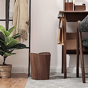 Solid Wood Trash Can Simple Household Storage Bin/Office Paper Basket, Retro Solid Wood Design Hotel Bedroom Bathroom Wooden Trash Can 23.5 × 30 × 19.5Cm (Walnut-Curved)