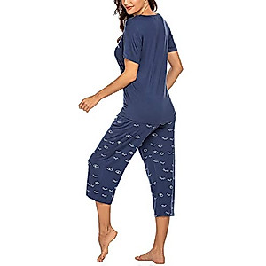 MAXMODA Women's Short Sleeve Capris Pajama Set Sleepwear Pj for Teen Girl Navy Blue L