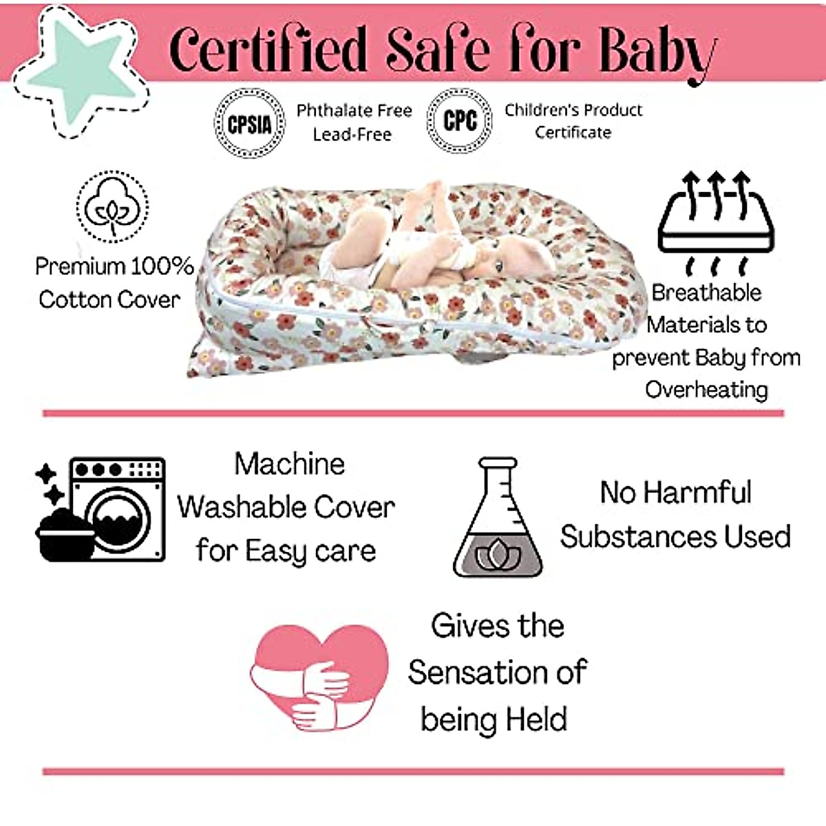 Newborn Baby Nest Portable Infant Lounger Replacement Cover ONLY, Hypoallergenic, Premium, Fits Dockatot Deluxe