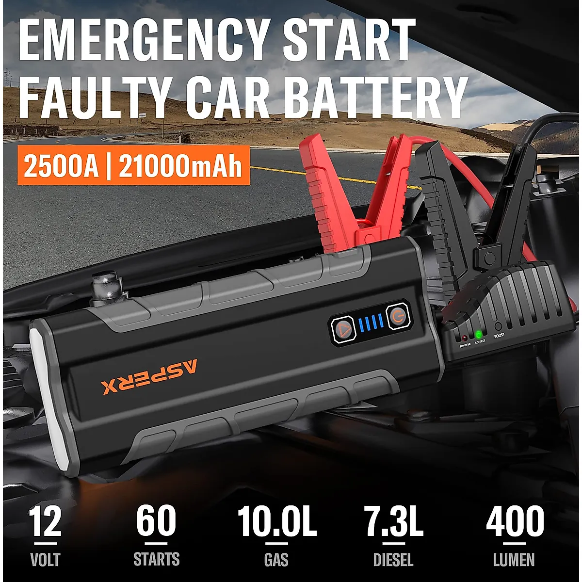 ASPERX AX2500 Car Jump Starter, 2500A Peak Battery Starter for 10L Gas or 7.3L Diesel Engines, 12V Auto Battery Booster, Lithium Jump Box with USB QC3.0, Jump Pack with Built-in LED Light