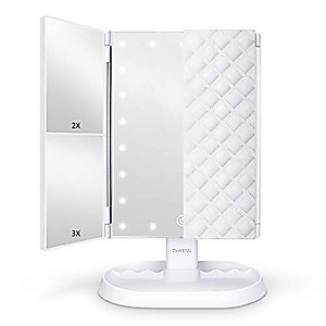 deweisn Trifold Lighted Vanity Makeup Mirror with 21 LEDs Lights,1x/2x/3x Magnification and Touch Screen Dimming,Two Power Supplies Makeup Mirror, Gift for Women