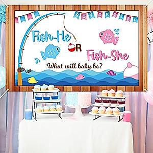 Gone Fishing Gender Reveal Poster Photo Backdrop,Fish She or Fish He Gender Reveal for Baby Boy or Girl Sign Baby Shower Decoration of Gender Reveal Backdrop