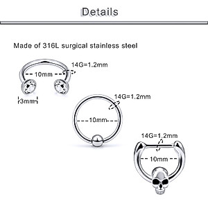 Yaalozei 16G Septum Rings piercing Jewelry for women Stainlessl Surgical Steel Silver Black Septum Ring Skull Hypoallergenic Hinged Septum Nose Ring Earring Hoop Clicker Piercing Jewelry Set Men 10mm