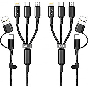 5 in 1 Multi Charging Cable 2Pack 4ft Multi USB Universal Phone Charging Cable, USB A/C to Phone USB C Micro USB Lightning Connector Nylon Braided Charging Cord Compatible with iPhone/Samsung-Black