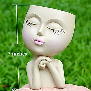 Face Planter Pot Head Planters, Lady Heads Flowerpot, Cute Girl Faces Plant Pot, Bust Statue Flower Pots, Round Women Succulent Pots for Indoor Outdoor Plants, Modern Vase with Drainage (7" Cream)