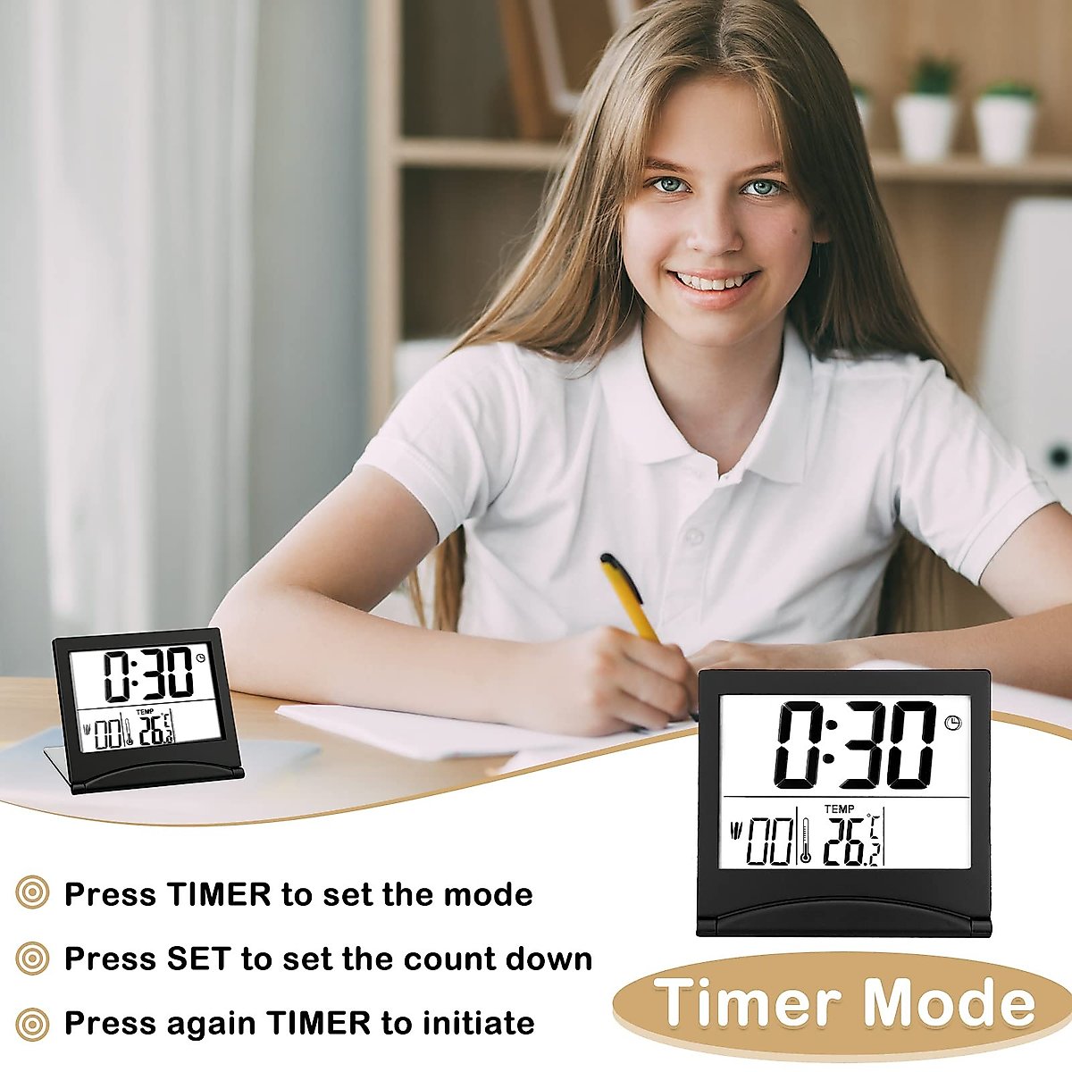 Hicarer 2 Pieces Digital Travel Alarm Clock Battery Operated Foldable LCD Clock with Calendar Temperature Snooze Mode Multifunction Small Desk Clock Portable Clock Large Display Desk Clock(Black)