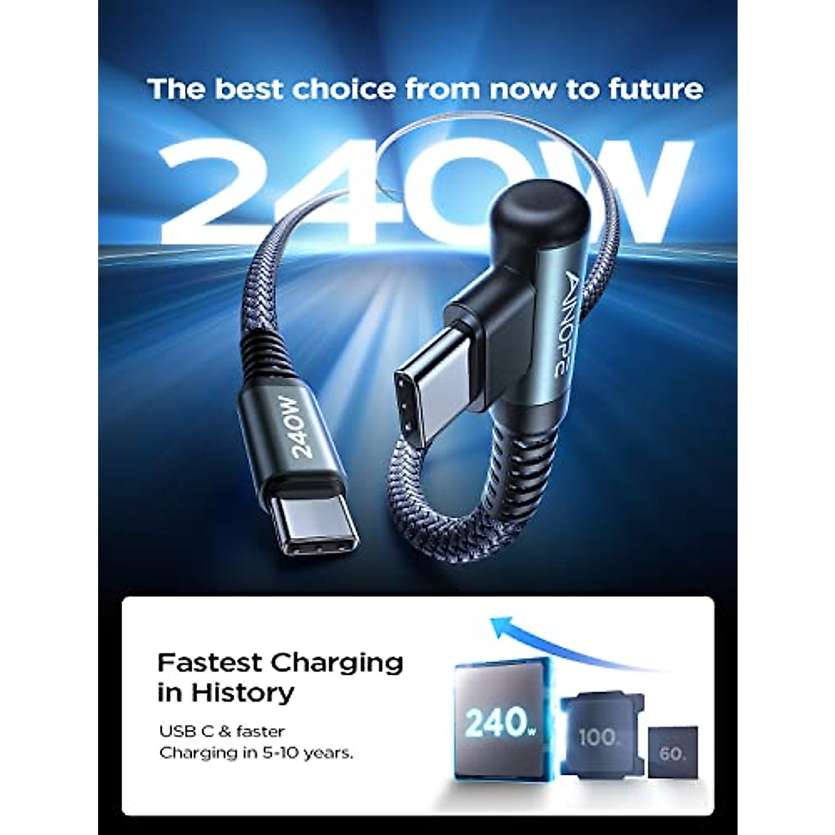 AINOPE 240W USB C to USB C Cable 6.6ft/2Pack, Type C to Type C Cable Fast Charging, USB C Charger Cable Right Angle Compatible with MacBook Pro/Air, iPad Pro 12.9/11/Air/Mini, Samsung S23/22/21/20