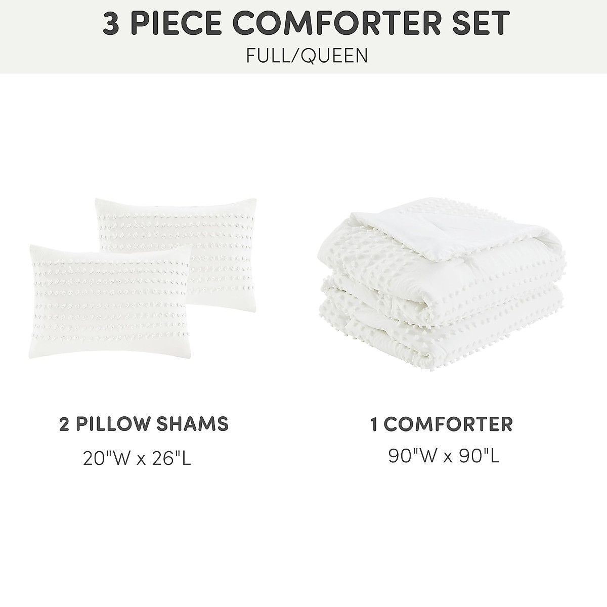 Comfort Spaces Cotton Comforter Set Jacquard Pom-Pom Tufts Design, Down Alternative, All Season Modern Bedding, Matching Shams, Full/Queen, Phillips, Ivory