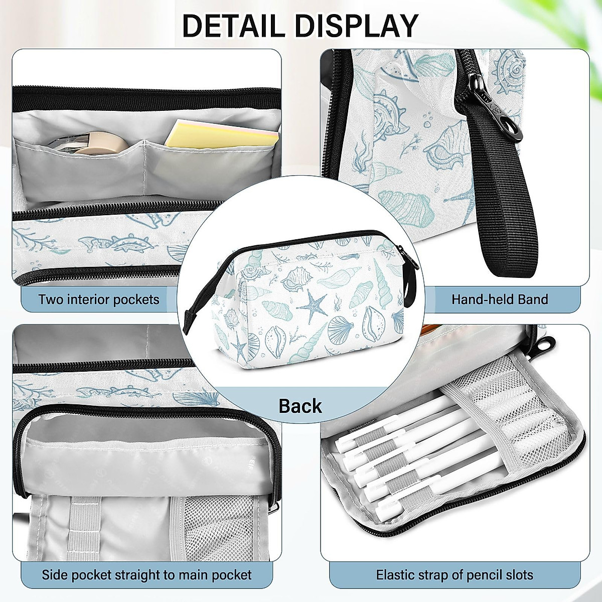 MCHIVER Seashells Starfish Seaweed Corals Pencil Case Large Capacity Pencil Pouch with Compartments Pencil Box with Zipper Pencil Case Organizer for Kids Girls Boys Adults