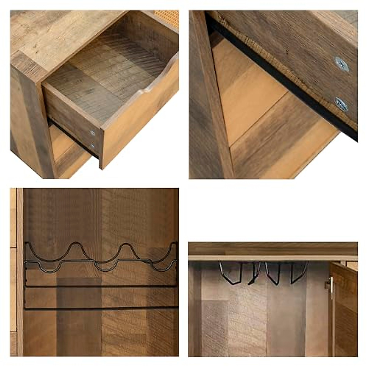 GIA Home Furniture Series Boho Rattan Sideboard with 2 Door &3 Drawers,Buffet Storage Cabinets with Adjustable Shelving and Wine Rack for Living & Dining Room,Black Metal Frame, Oak Finish