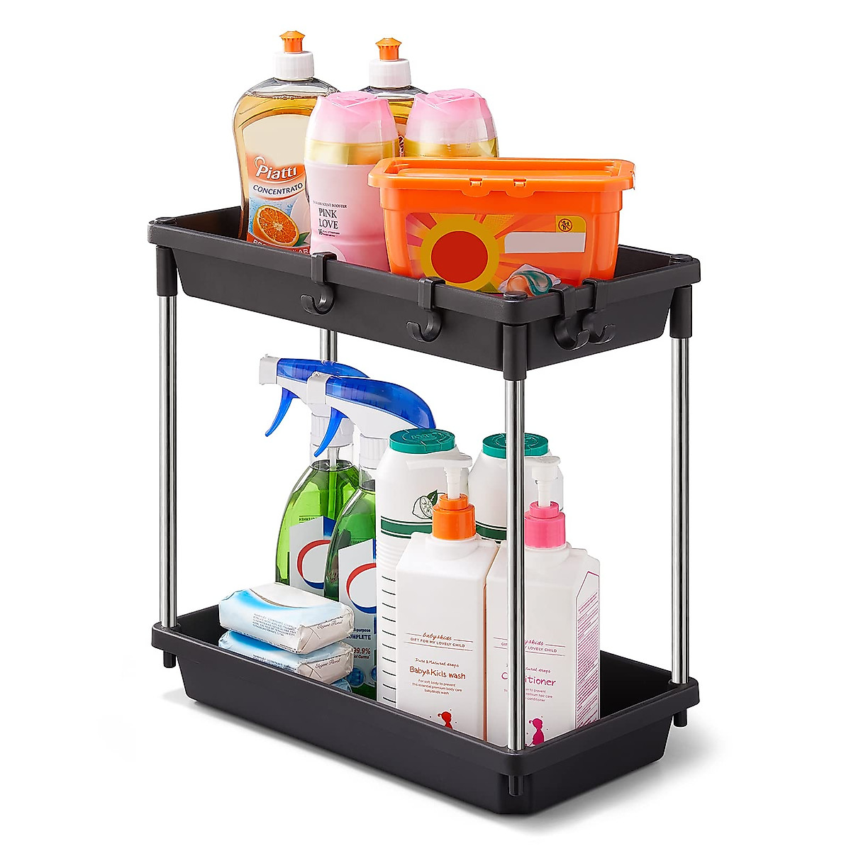 Lifewit Under Sink Organizer, 2 Tier Shelf Rack with 4 Hooks for Bathroom Cabinet Kitchen Countertop Office Holder Storage, Multi-purpose Baskets Holder for Space Saving, Easy Assembly, Black