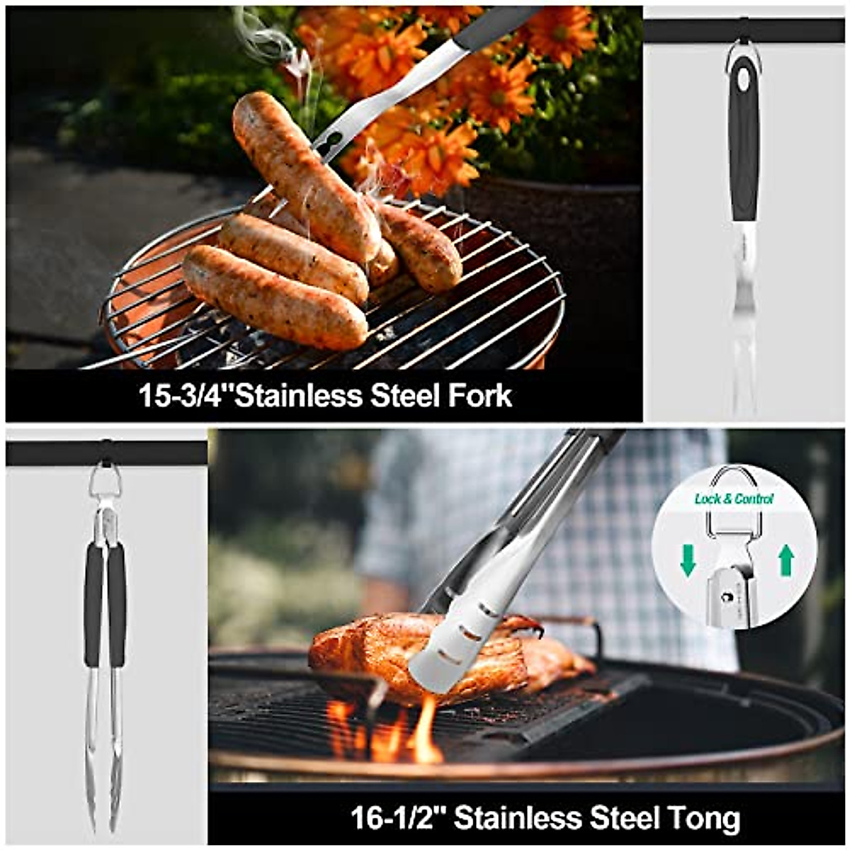 HAUSHOF Large Grilling Accessories, BBQ Grill Set, Heavy Duty Stainless Steel Barbecue Utensils with 16-1/2" Spatula, Brush, Fork, Tongs, Skewers, Thermometer, Bag, Ideal Gift, 15PCS