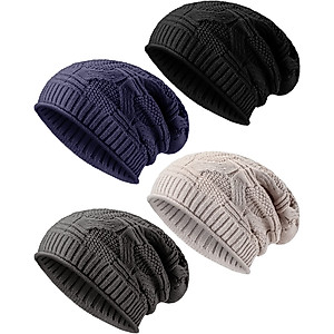 4 Pieces Knit Slouchy Beanie Hat for Women Men Oversized Soft Warm Winter Beanie Hat Chunky Stretch Cable Knit Beanie (Cute Colors)
