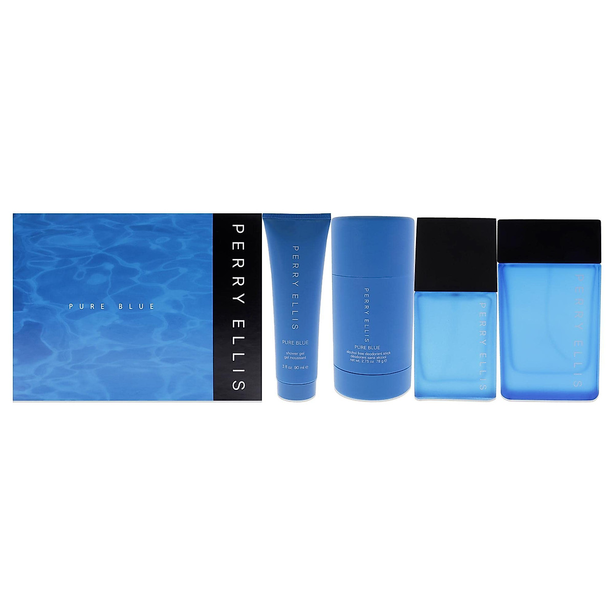 Perry Ellis Perry Ellis Pure Blue Men 3.4oz EDT Spray, 3oz Shower Gel, 2.75oz Deodorant Stick, 7.5ml Travel EDT Spray 4 Pc Set