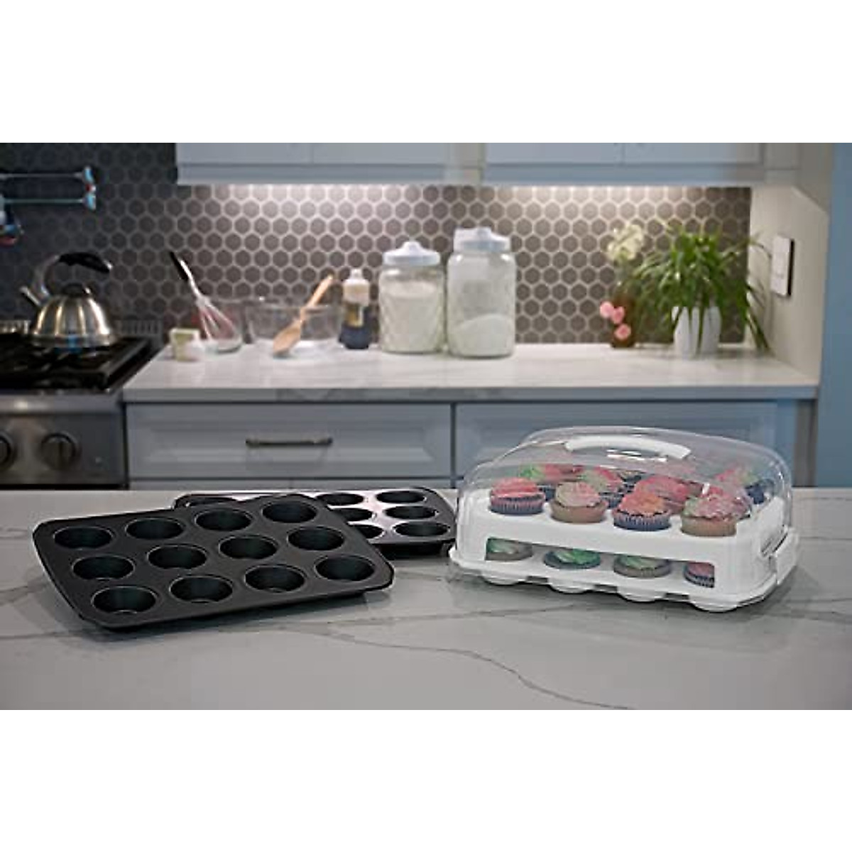 Top Shelf Elements Cupcake Carrier With Two Muffin Pan/Cupcake Pan Stylish Cupcake Carrier With Handle Carrier Holds 24 Cupcakes Muffin Tin Makes 12 Cupcakes each Non Stick Cupcake Tray For Baking