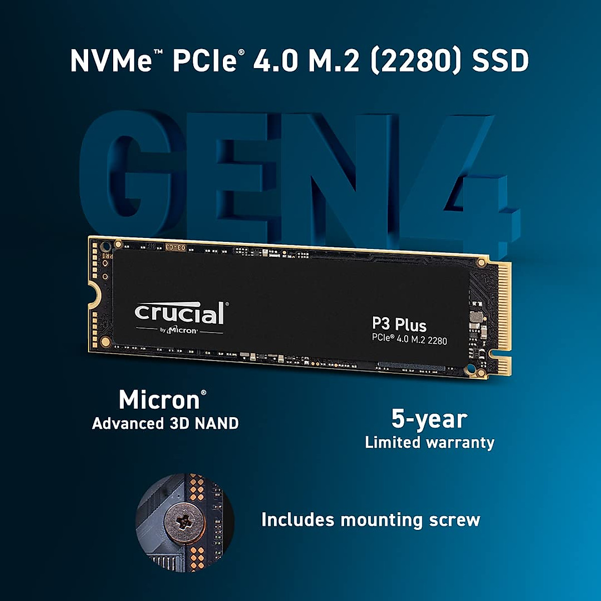 Crucial P3 Plus 1TB PCIe Gen4 3D NAND NVMe M.2 SSD, up to 5000MB/s - CT1000P3PSSD8