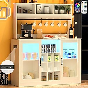 Vinctik 6&Fox Farmhouse LED Coffee Bar w/60000-color Lights,Power Outlet,7 Hooks,9Wink Racks,Adjustable Shelf for Tea Liquor Wine.Sliding Glass Door