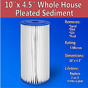 Big 10 x 4.5 inches Pleated Washable & Reusable Sediment Filter 5 Micron Amplified Surface Area, Removes Sand, Dirt, Silt, Rust, Extended Filter Life for 10" Big Housing (Set of 4)