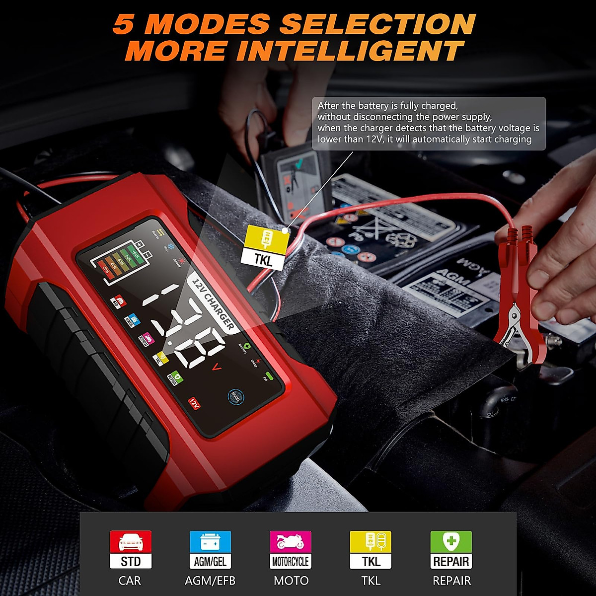 YONHAN Battery Charger 6Amp Smart Car Battery Trickle Charger Automotive with LED Color Display, 12V Battery Maintainer Desulfator for Car, Truck, Motorcycle, Lawn Mower & Marine Lead Acid Batterie