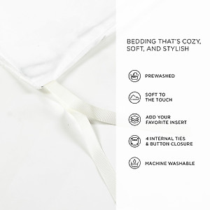 Lush Decor Hampton Double Flange Embroidered Contrast Edge Cotton Duvet Cover Set, 3 Piece Set, Full/Queen, White & Black - Hotel Bedding Set - Black Trim - White Duvet Cover - Minimalist Decor