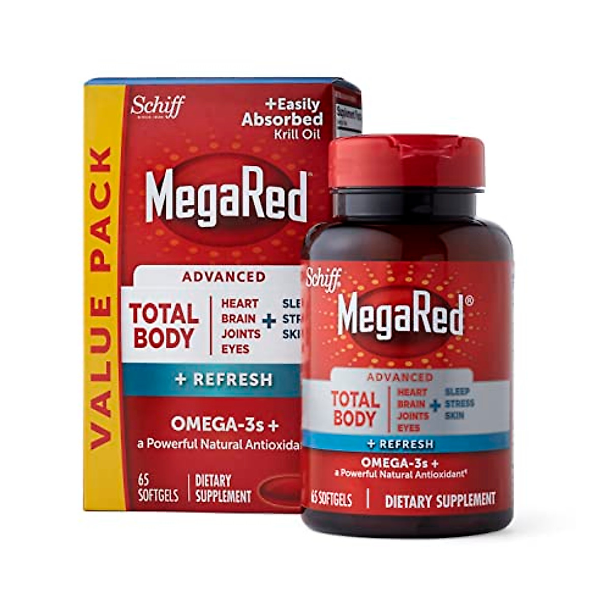 MegaRed Omega-3 Blend Total Body + Refresh 500mg Softgels, (65 Count in a Bottle), Easily Absorbed Krill Oil, to Support Your Heart, Joints, Brain & Eyes
